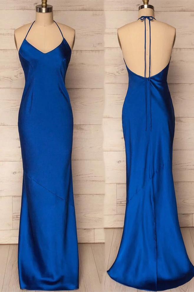Mermaid Halter Royal Blue Satin Long Prom Gown on Luulla