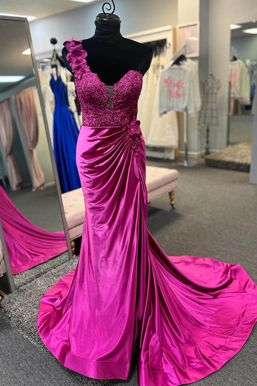 One Shoulder Fuchsia Ruched Long Prom Dress With 3d Flowers on Luulla