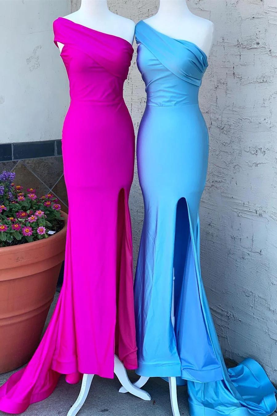 One Shoulder Side Slit Mermaid Long Prom Dress on Luulla